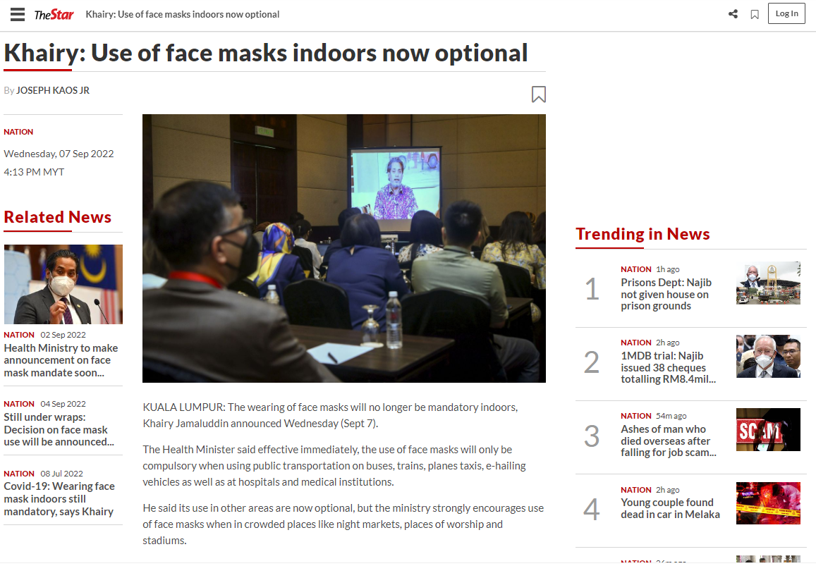 Khairy: Use of face masks indoors now optional