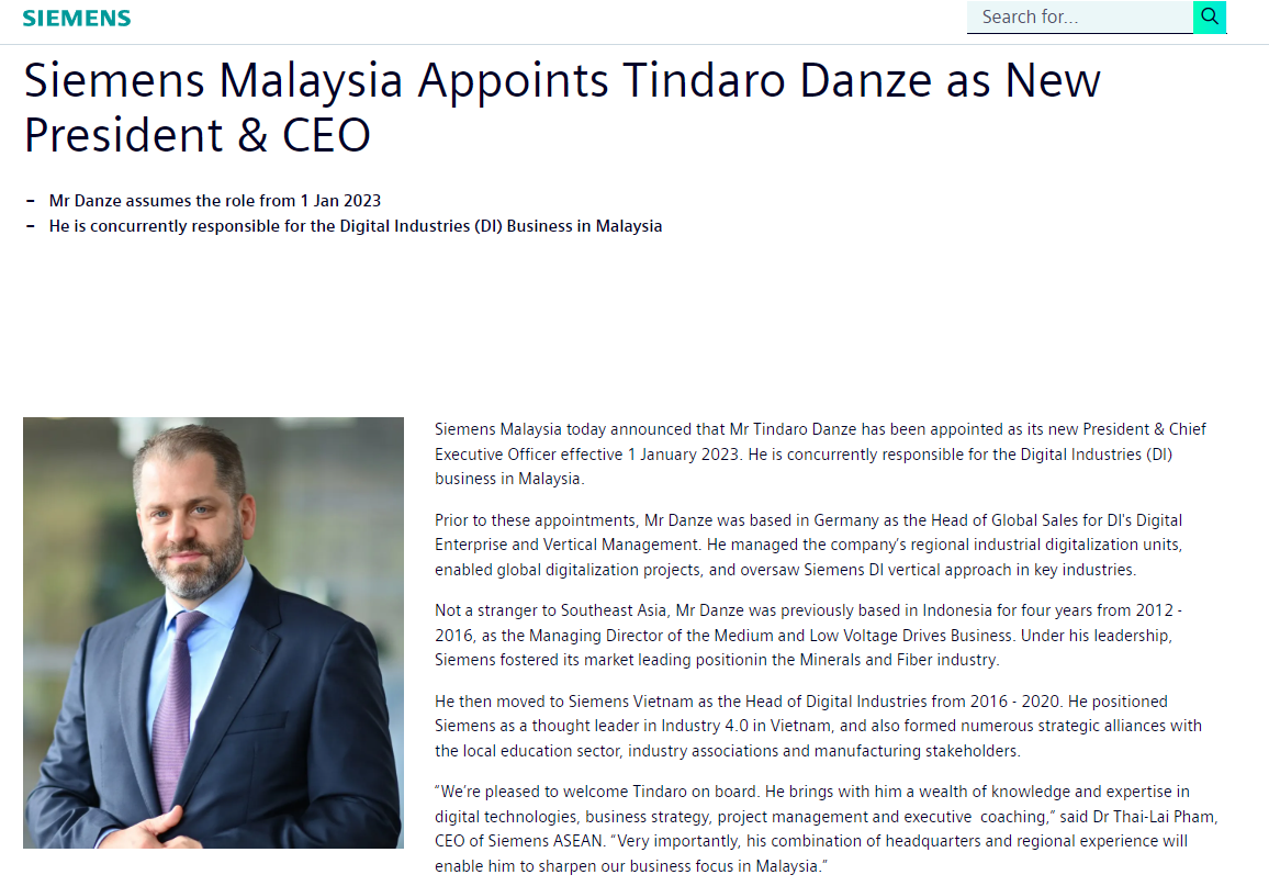Siemens Malaysia Appoints Tindaro Danze as New President & CEO