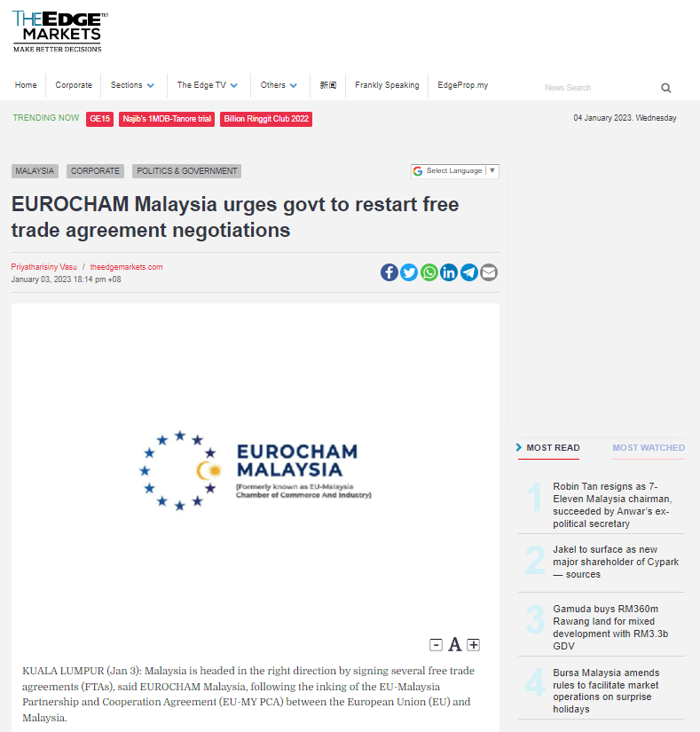 EUROCHAM Malaysia urges govt to restart free trade agreement negotiations