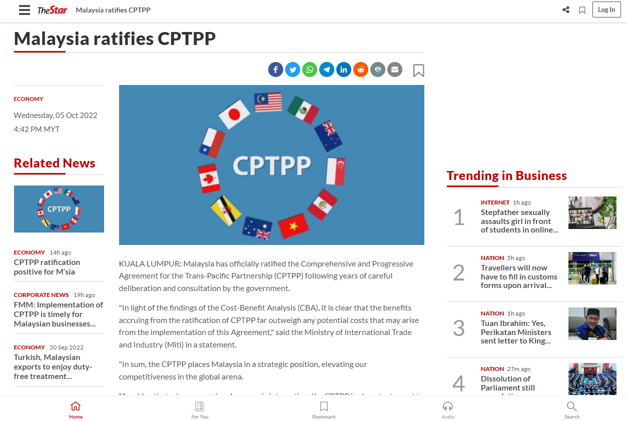Malaysia ratifies CPTPP